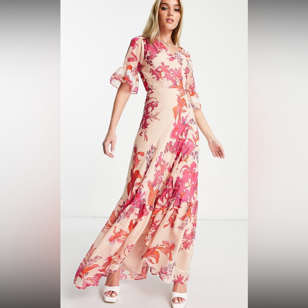 Flutter Sleeve Wrap Maxi Dress In Fuchsia Floral - Gem